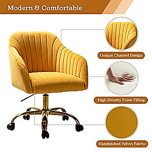 HULALA HOME Velvet Home Office Desk Chair, Modern Cute Computer Task Chair, Wheels Swivel Height Adjustable Upholstered Vanity Chair for Women, Girls (Gold Base, Mustard)