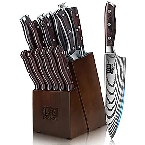 SHAN ZU 16-Piece Japanese Knife Set - High Carbon Stainless Steel Kitchen Knife Set with Block and Sharpener
