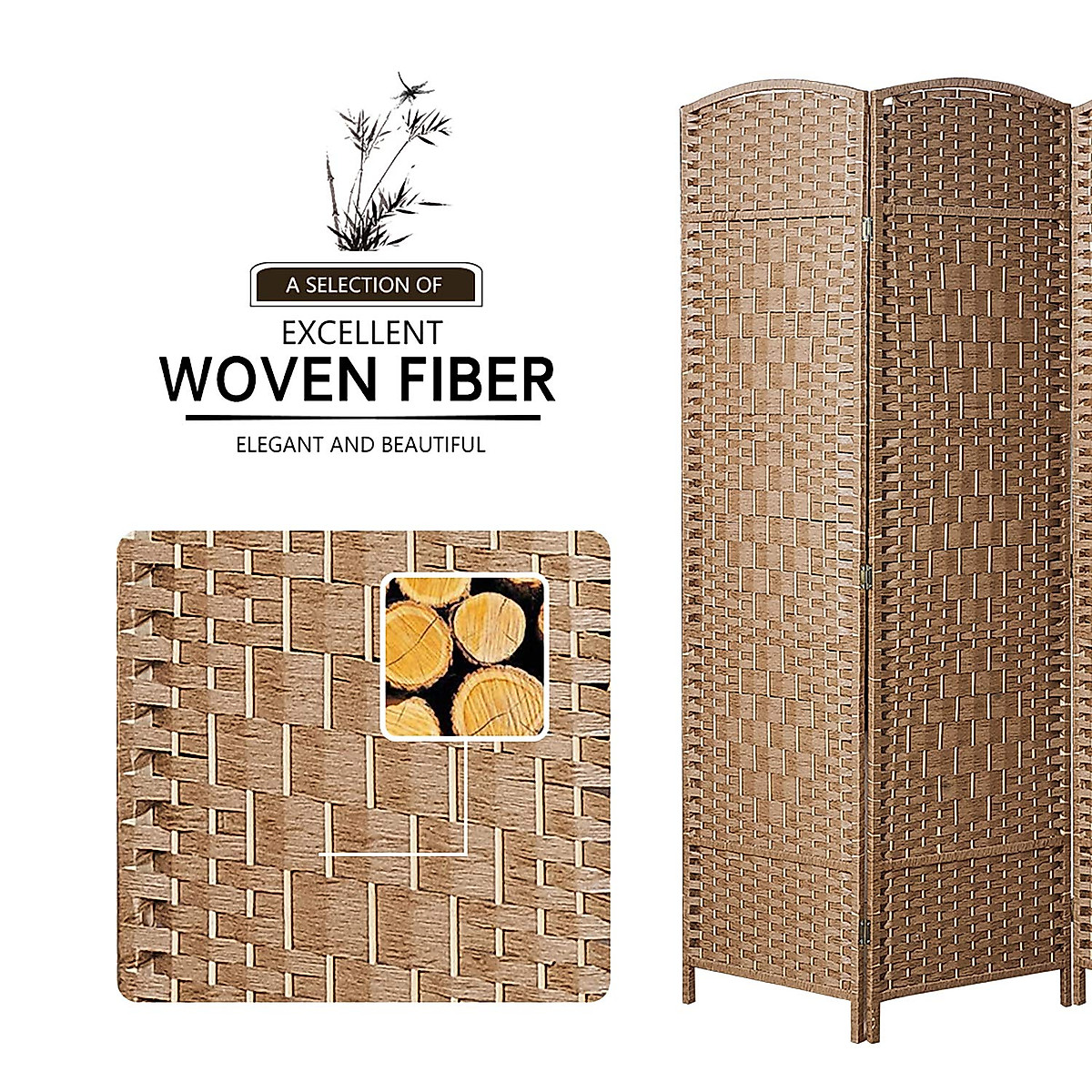 Cocosica 8 Panel Room Divider,6Ft Folding Privacy Screen,Tall - Extra Wide Foldable Panel Partition Wall Divider with Diamond Double-Weaved Hand-Woven Design Room Screen Divider