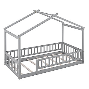 MERITLINE Twin House Bed for Kids Twin Montessori Floor Bed Frame with Rails and Roof, No Box Spring Needed, for Kids Teens Girls Boys (Twin Size, Gray)