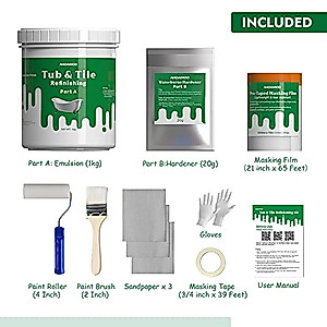 NADAMOO Tub and Tile Refinishing Kit (1kg / 35 oz, with tools, White), DIY Bathtub Sink Reglaze Kit Countertop Resurface Paint for Bathroom Kitchen Porcelain Fiberglass, Semi-matte White Coat