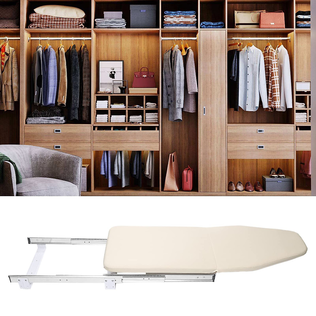 31.9" X 12.2" Closet Pull-Out Ironing Board, Buit-in Iron Board Mini Ironing Board Stow Away in The Cabinet | 180° Rotation for Small Spaces | with Cotton Ironing Board Cover | Beige