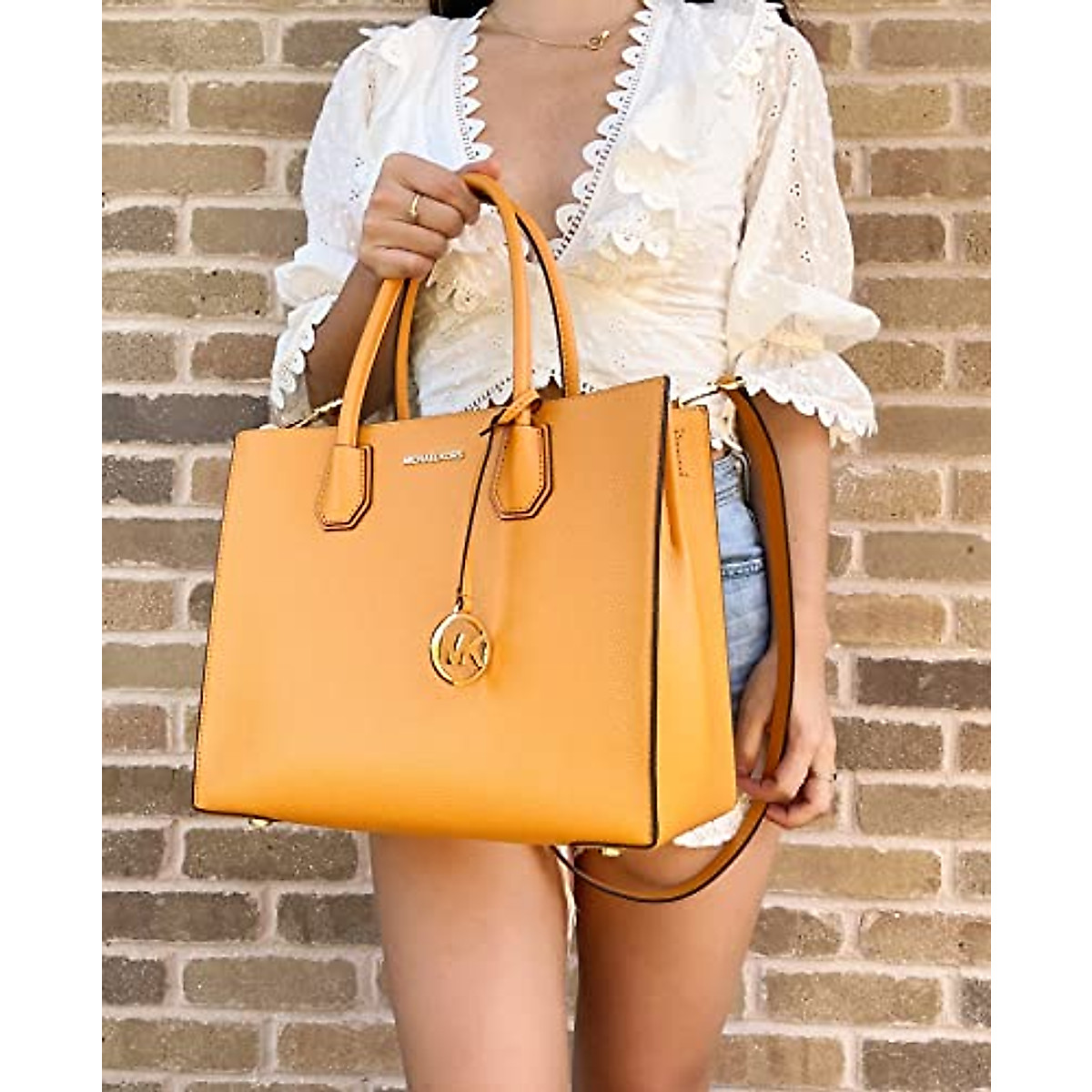 Michael Kors Mercer Large Pebbled Leather Convertible Tote Honeycomb Yellow