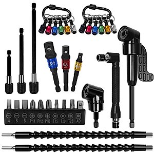 33Pcs Flexible Drill Bit Extension Set-2 Pcs 105°Right Angle Drill Bit Extension, 1/4 3/8 1/2" Universal Socket Adapter Set, Bendable Drill Bit Extension, screw bit holder and Screwdriver Bit Kit