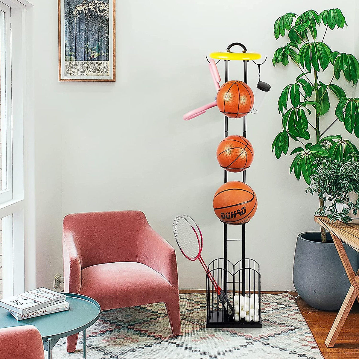 lesolar Basketball Rack - Sports Equipment Organizer - Ball Rack Ball Organizer for Garage with Hook Basket for Basketball Football Badminton Volleyball, Black