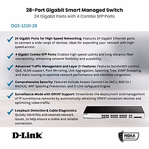 D-Link 28-Port Gigabit Smart Managed Switch | 24 GbE + 4 SFP Combo Ports | L2+ | VLANs | Cable Diagnostics | Web UI | Rackmount | Fanless | NDAA Compliant | Lifetime Warranty (DGS-1210-28)