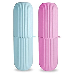 KBS Toothbrush Holder Case Cover 2 Pack Capsule Shape Container Travel Camping Business Trip Bathroom (Pink - Blue) Plastic