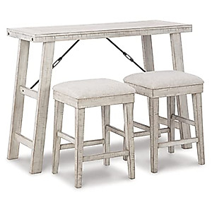 Signature Design by Ashley Carynhurst Coastal Counter Height Dining Table Set with Upholstered Bar Stools, Set of 3, White & Beige