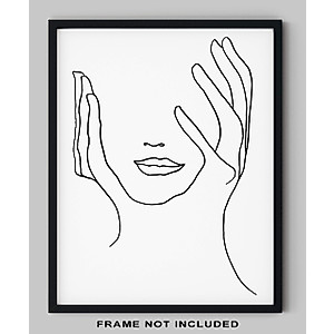 Abstract Minimalist Line Wall Decor - 11x14" UNFRAMED Print - Modern, Minimal, Black And White Drawing - Female Face And Hands Silhouette Wall Art