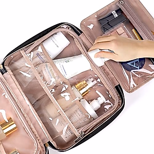 ESMNOAN Travel Toiletry Bag for Women with Hanging Hook,TSA Approved Travel Organizer for Shampoo,Full Sized Container,Makeup Brushes Set,Portable Travel-Size Toiletries Accessories, Black