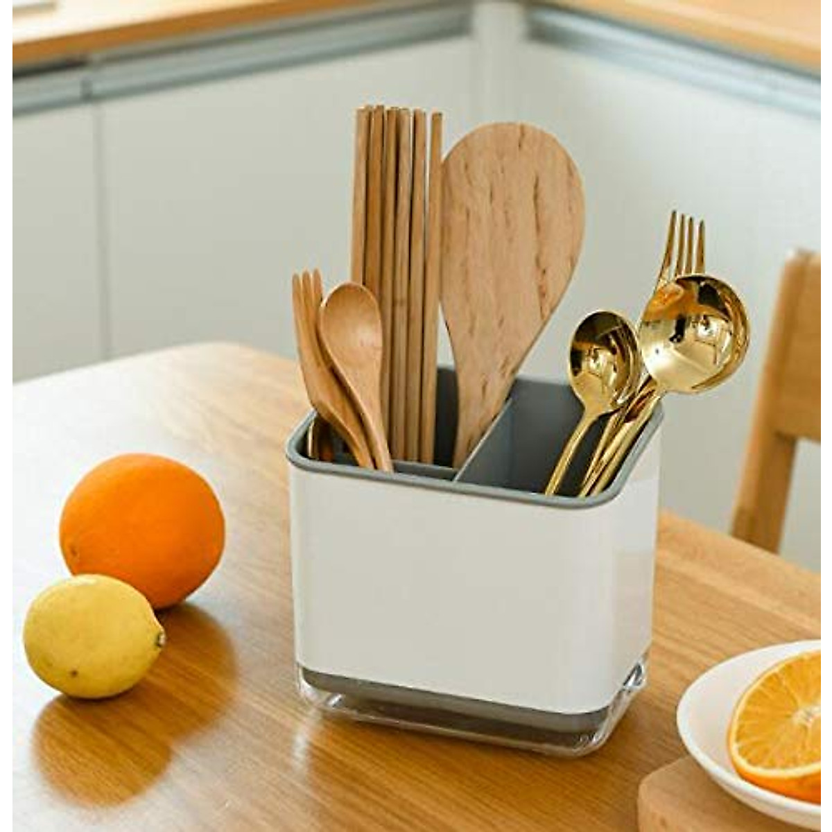 Utensil Holder Cutlery Drainer Sink Caddy, Silverware Storage Organizer Caddy Grips Sinkware for Flatware/Forks/Knives/Spoons 3 Compartments with Drainer Ideal Kitchen Sink Organiser (GRAY)