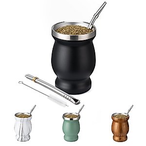 Husfunov 8oz Yerba Mate Cup, 304 Stainless Steel Double-Wall Mate Cup, Heat Insulation Yerba Mate Gourd, Tea Cup Set Includes Cleaning Brush & 2 Bombillas (Black)