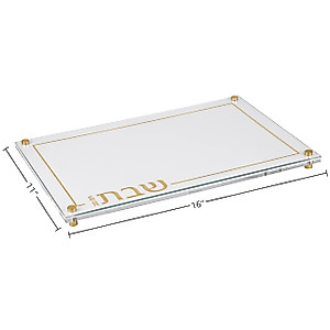 Lucite Challah Board - Shabbat Challah Board with Embroidered Leatherette, Acrylic and Glass Top - Challah Bread Platter (Gold)