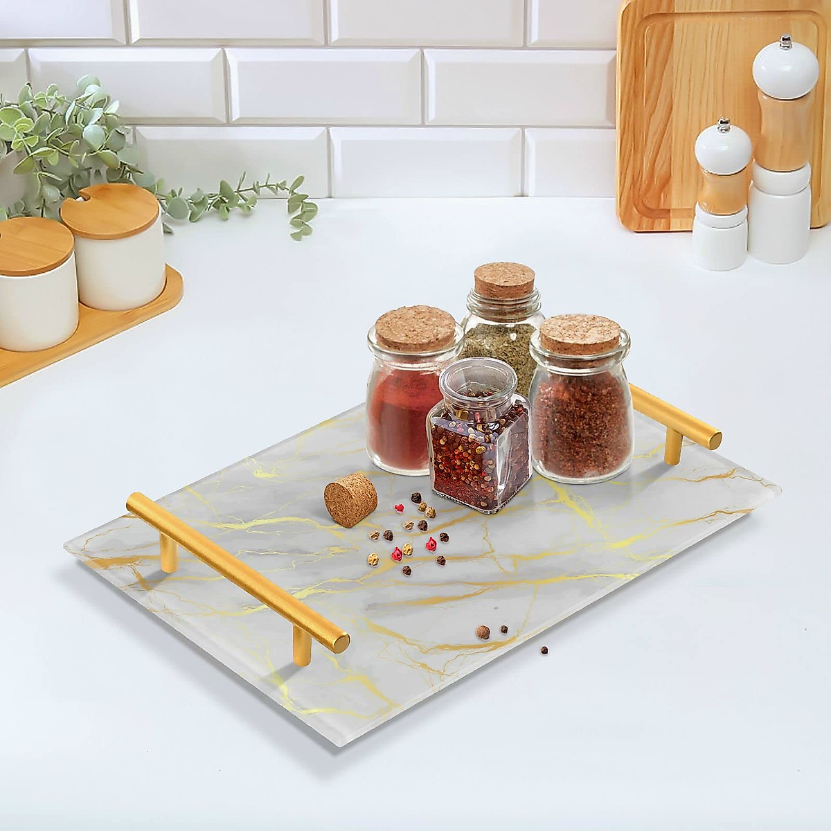 Vanity Tray White Marble with Golden Decorative Tray Bathroom Acrylic Jewelry Perfume Trays with Handle Makeup Dresser Cosmetic Bedroom Kitchen, 12x8 in