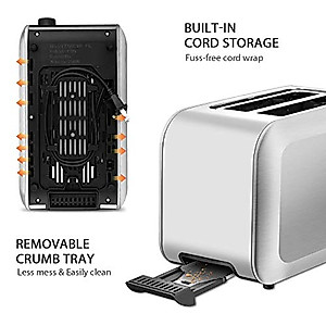 Toaster 2 Slice Wide Slot, CUSIBOX Stainless Steel Toaster Bread Toaster with Removable Crumb Tray, 7 Bread Browning Settings, REHEAT/DEFROST/CANCEL Function, 750W, ST013
