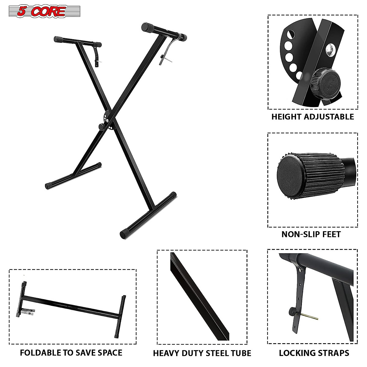 5 CORE Keyboard Stand Single X Style Adjustable Digital Electric Piano Riser Durable & Sturdy Music Synthesizer Holder Stands - 61 76 88 Keys KS1XBLK