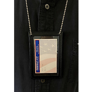 Neck Chain Double Sided ID Holder with 2 Clear Picture ID Windows, Leather Badge for Credential Pass to Wear Around The Neck for Police Law Enforcement, Business, Factory Worker (Black) (Vertical)