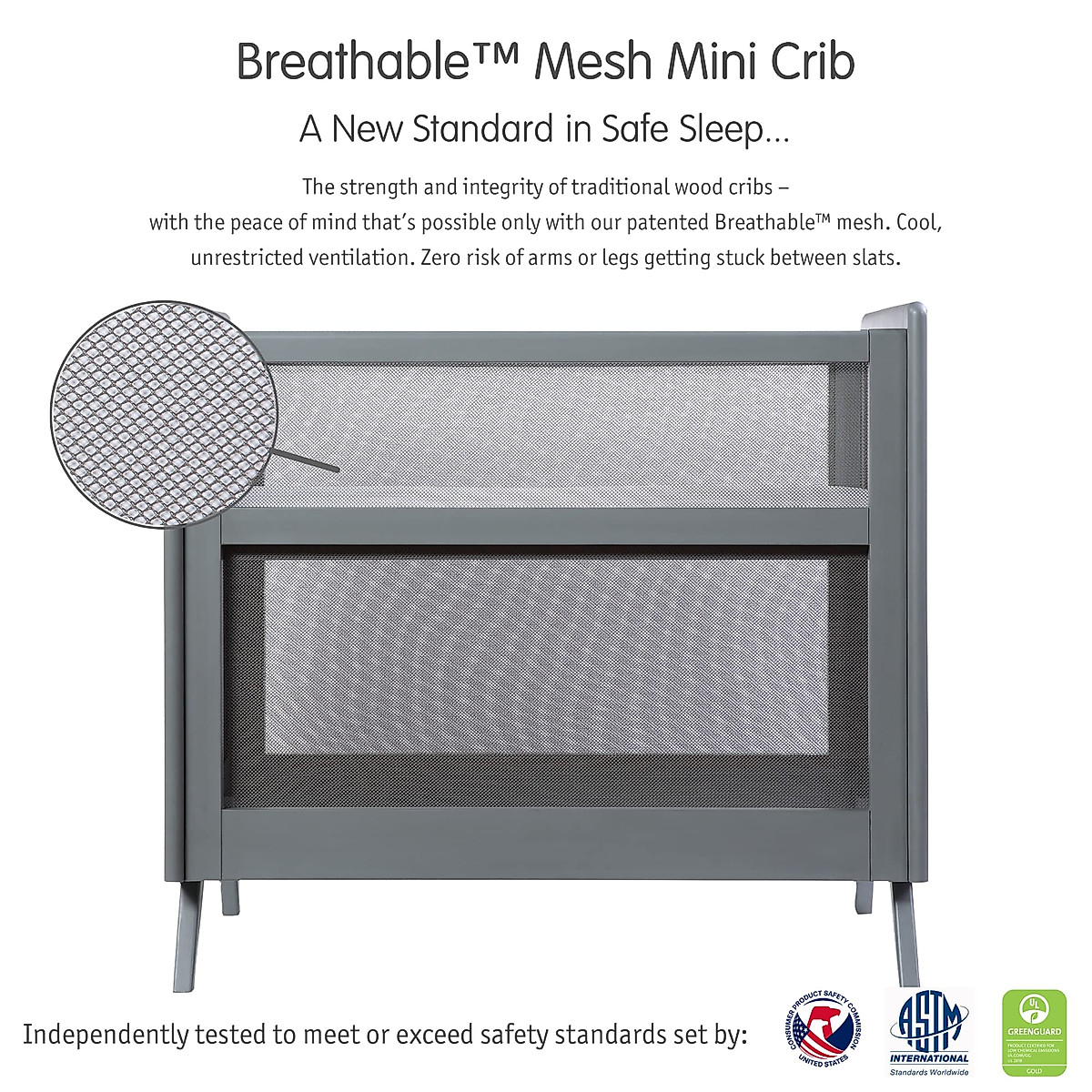 BreathableBaby Breathable Mesh 2-in-1 Mini Crib with Mattress — Gray — Two Adjustable Mattress Heights — Greenguard Gold Certified