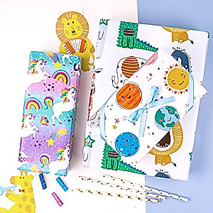 BIOBROWN Blue Wrapping Paper Sheet Folded Flat 6 Different Adorable Animal Design (45.2 sq ft.TTL) 27.5 inch X 39.4 inch Per Sheet