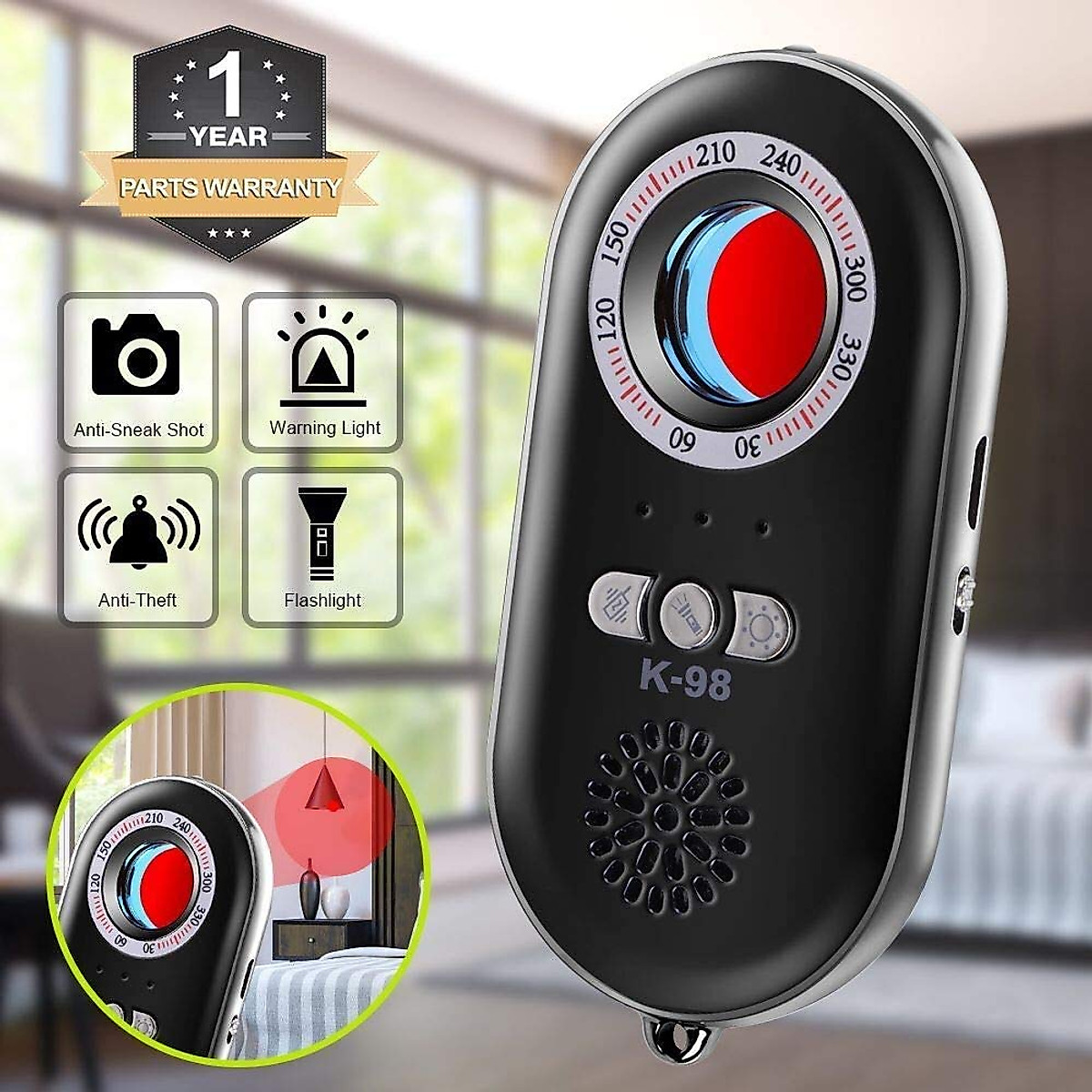XinYu Anti-Spy Hidden Camera Detector Infrared Portable Safesound Personal Alarm 3-in-1 Functionality Defense Emergency Alert with Mini LED Flashlight for Home Hotel Travel Suitcase Security Box