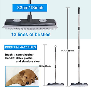 Pet Hair Rubber Broom with Carpet Rake and Squeegee, 2 in 1 Floor Brush for Carpet, 58 inch Adjustable Handle,Silicone Broom Black