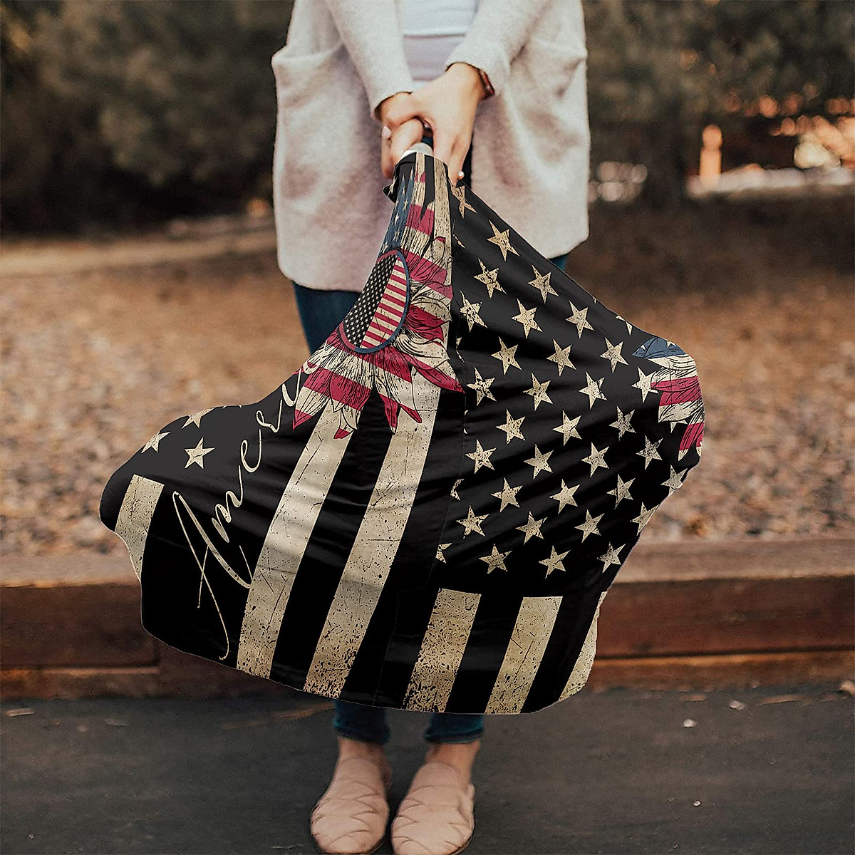 Car Seat Canopy Nursy Cover, Retro American Flag Independence Multi Use Breastfeeding Scarf for Infant Carseat Canopy, Stroller, Shopping Cart, Highchair Flag Day Sunflower Decor