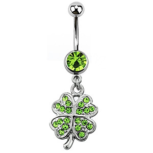 Body Accentz 316L surgical steel belly button ring 14g/1.6mm with an 8mm press fit gem and a multi gem 4 leaf clover shamrock Length 3/8"-10mm