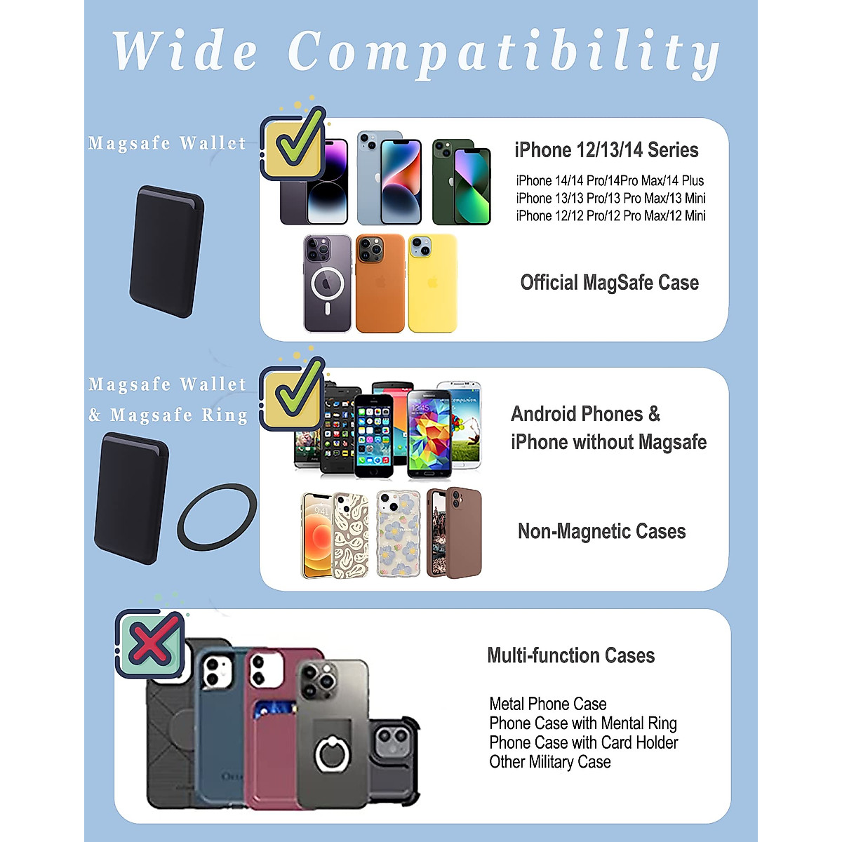 Meroqeel Magnetic Card Wallet Holder with Ring for MagSafe iPhone 14/13 / 12 Mini Plus and Pro Max Series, Leather Mag Safe Cell Phone Case with Strong Magnet for Credit Card - Midnight Black