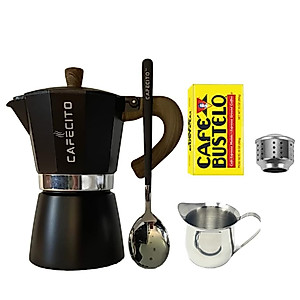 Cuban Coffee Starter Kit | Cafecito 6 Cups Moka Pot Set | Cafetera Cubana Stovetop Espresso Maker Set | Anti-Splash Valve Included