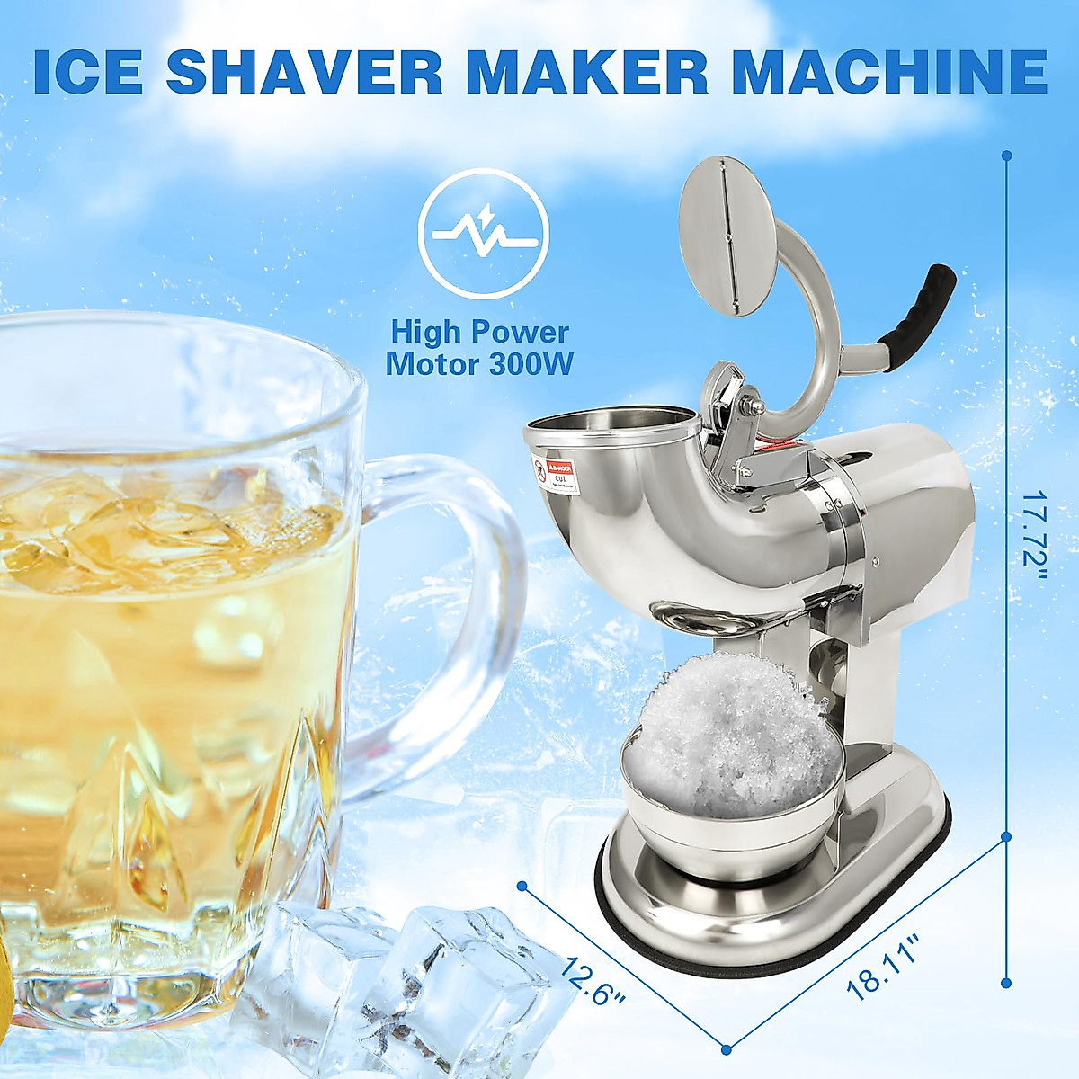 Shaved Ice Machine Electric Snow Cone Maker Machine Ice Crusher Dual Blades 440lbs/hr for Home and Commercial Ice Shaver Heavy Duty Silver