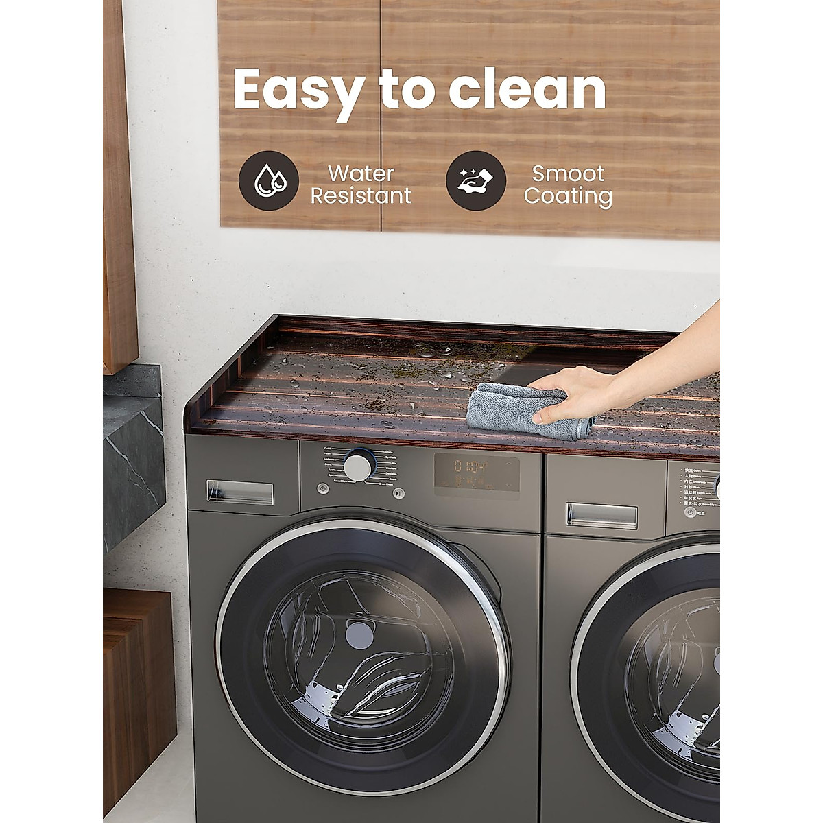 Toemics Washer Dryer Countertop, 27.5" x 54" Laundry Room Organization Shelf with Edge Rails for Washer and Dryer, Durable Melamine Finish, Non-Slip Pads, and 3 Laundry Bags, Eucalyptus