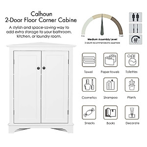 Spirich Floor Corner Cabinet with Doors and Shelves, Freestanding Bathroom Corner Storage Cabinet for Bathroom, Living Room, White