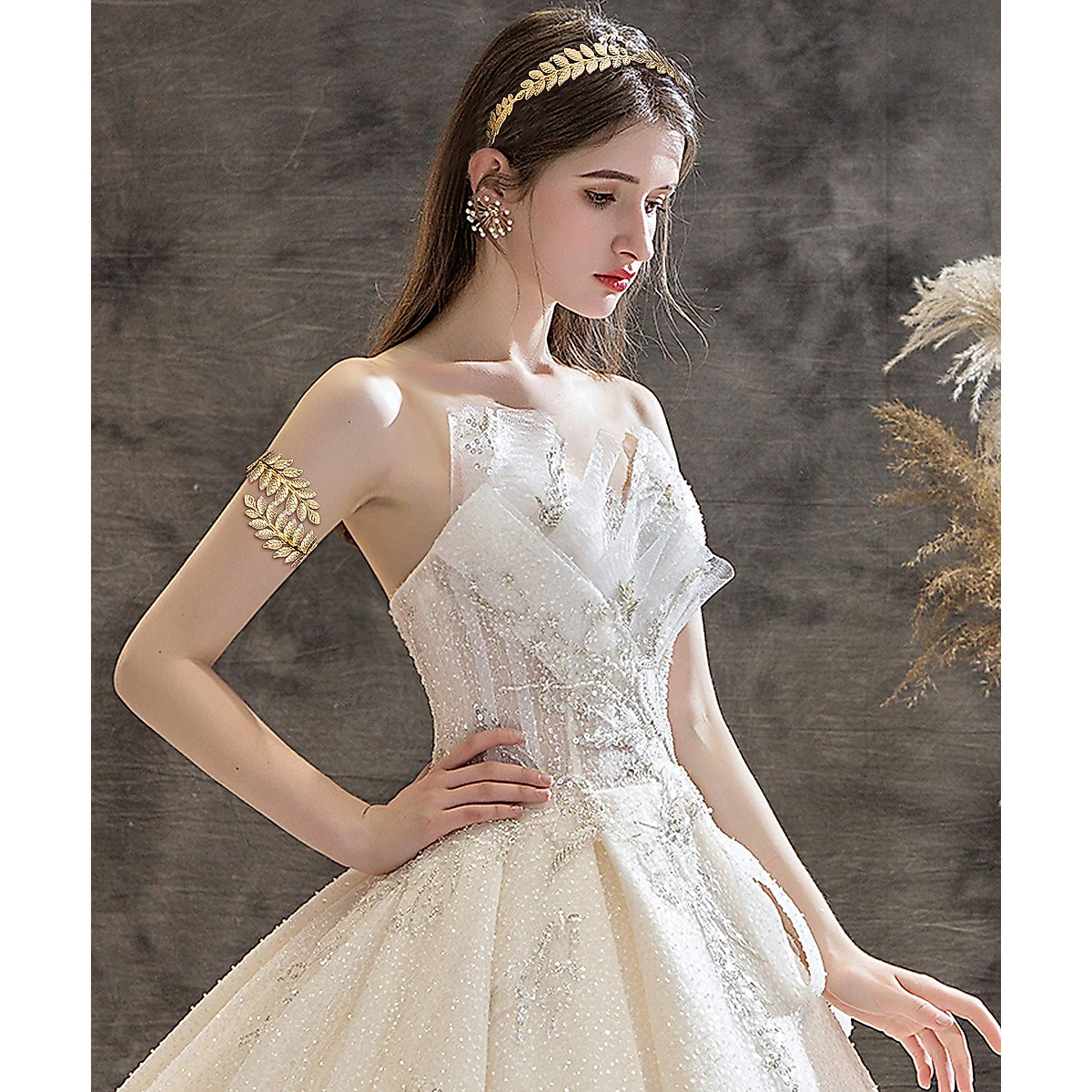 Finrezio Greek Goddess Headband Arm Cuff Bridal Jewelry Set Roman Laurel Leaf Branch Crown Armlet Upper Arm Band Bracelet Adjustable (A:Gold tone)