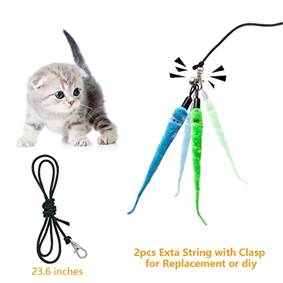Vovamo Worm Teaser Refills for Cat Wand 10PCS Squiggly Worms Replacements and 1PC Replacement String for Cat Fishing Kittens Wand Refills Attachments for Kitten Training Exerciser Accessories
