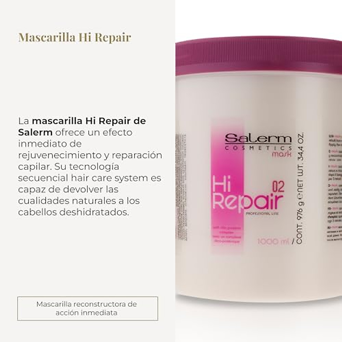 SALERM - Hair Repair Mask - Hi Repair Mask 02-1000 ml - Deeply Moisturizes Damaged Hair - Repairs and Rejuvenates - Shinier and Softer Hair - Immediate Effect