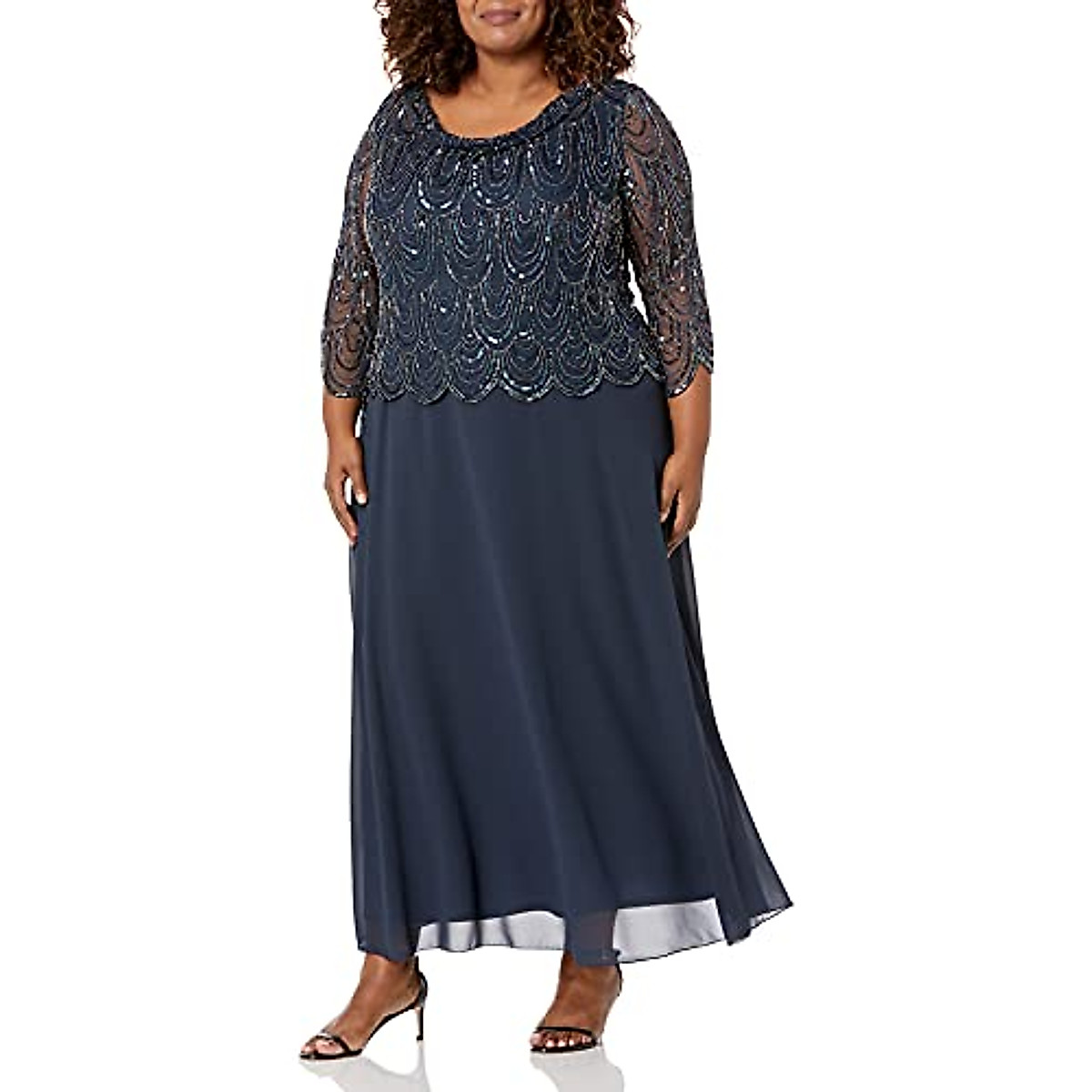 J Kara Women's Plus Size 3/4 Scallop Beaded Pop Over Gown, Navy/Mercury, 20W