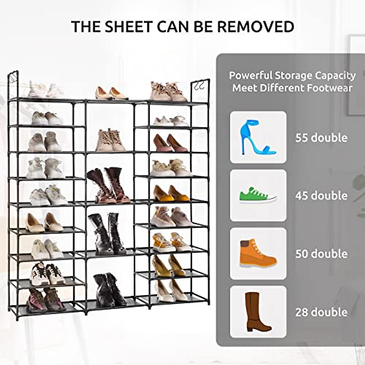 YOUDENOVA Shoe Rack Organizer, for up to 50 Pairs of Shoes, Vertical Large Shoe Rack with Removable, Water, Dust & Oil Resistant Shelves, Stackable Shoe Rack for Boot & Shoe Storage, Black