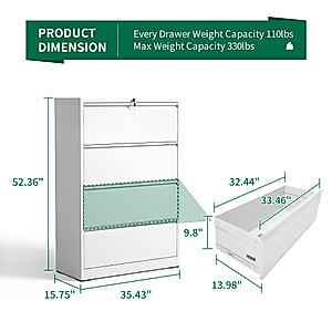 BIZOEIRON 4 Drawer Lateral File Cabinet with Lock, Metal Filing Cabinets for Home Office, Steel Storage Wide File Cabinet for Letter/Legal/F4/A4 Size with Hanging Bars, Assembly Required (White)