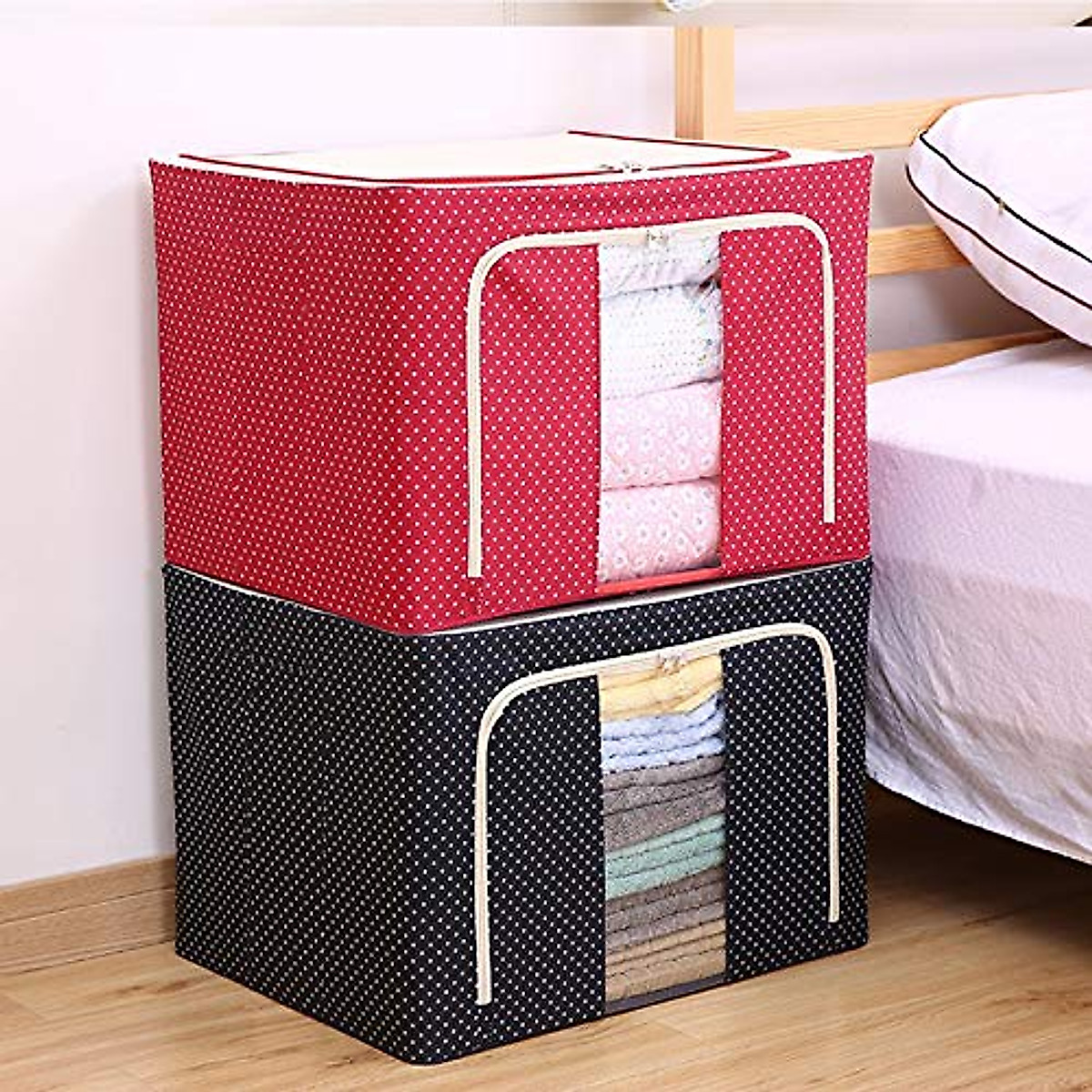 WWWUUU Storage Boxes 72L,Oxford Cloth Steel Frame Storage Box Bag, Easy to Fold with Sturdy Zipper,Storage for Clothes,Bed ,Blankets,Bedding,Pillow 19.7x15.7x14.2 IN (Blue, 4X 72L) (Red, 2 x 72L)
