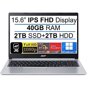 acer Newest Aspire 5 Slim 15.6" FHD IPS Laptop, AMD 6-Core Ryzen 5 5500U(Up to 4GHz,Beat i7-1165g7), 40GB DDR4 RAM, 2TB SSD+2TB HDD, WiFi 6, Webcam, Backlit Keyboard, USB-C, HDMI, Windows 11+JVQ MP