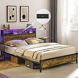 Alohappy Full Size Bed Frame with Led Bookcase Headboard and Charging Station，Metal Platform Bed Frame with RGB Light Strips, Sturdy and No Noise Easy Installation No Box Spring Needed