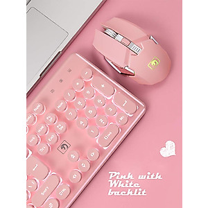Gaming Keyboard and Mouse,Soke-Six 2.4G Wireless Retro Punk Typewriter-Style Backlit Keyboard Mice Combo,4800mAh Battery,Mechanical Feel,Anti-ghosting,Crystal Panel Round Keycaps (Pink+White Light)