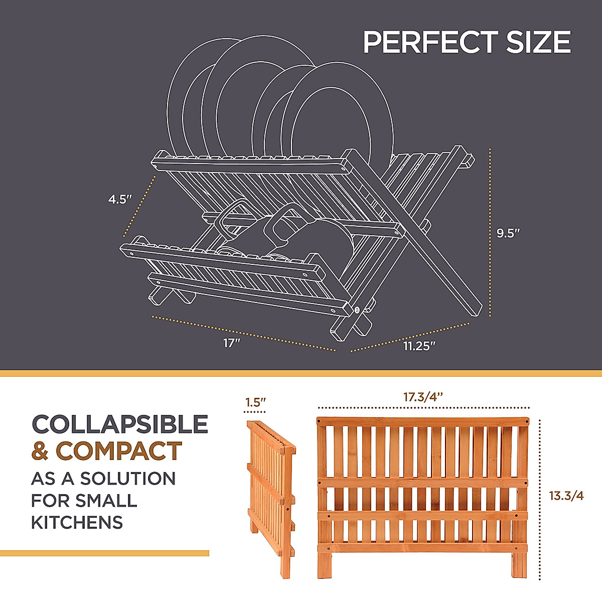 Collapsible Dish Drying Rack and Expandable Bamboo Silverware Organizer