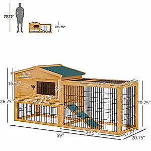 PawHut 2 Levels Outdoor Rabbit Hutch with Openable Top, 59" Wooden Large Rabbit Cage with Run Weatherproof Roof, Removable Tray, Ramp, Yellow