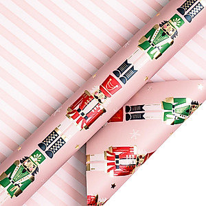 LeZakaa Reversible Christmas Wrapping Paper - Jumbo Roll - Pink Metallic Foil Gift Wrap Paper with Nutcracker & Stripe - 30 inches x 100 Feet (250 sq.ft.)