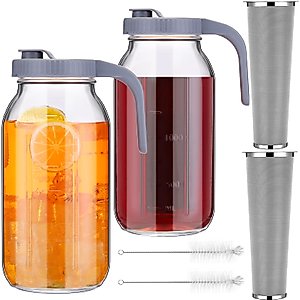 Tioncy 2 Sets Cold Brew Coffee Maker 64 oz Mason Jar Cold Brew Pitcher with Coffee Filter and Brush Glass Storage Pitcher for Iced Brew Coffee, Ice Tea, Homemade Fruit Drinks Container (Gray)