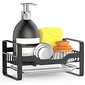 MURLONG Sink Caddy, Kitchen Sink Organizer, Sponge Soap Holder for Countertop, 304 Stainless Steel Dish Scrubber Holder with Removable Drain Pan for Sponge, Scrubber, Soap, Dish Brush-Black