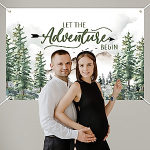 Adventure Baby Shower Decorations Set Adventure Party Decorations Let The Adventure Begin Backdrop,Sage Green Balloon Garland for Travel Themed Party,Greenery Rustic Mountain Forest Woodland Party