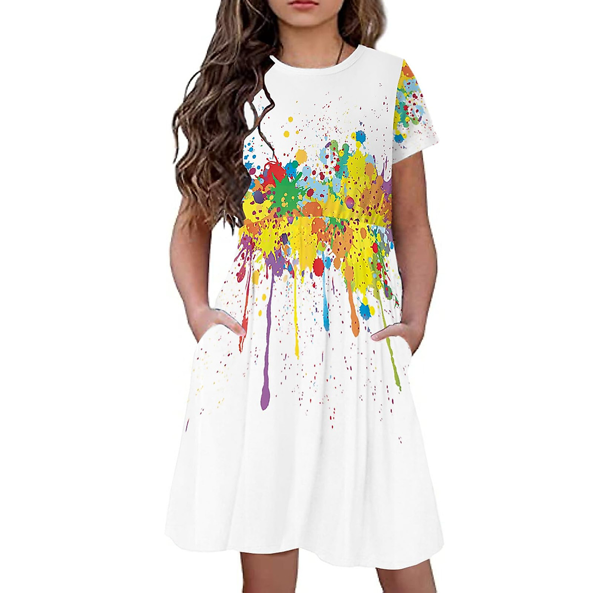 21KIDS Girls Floral Dress Kids Boho Short Sleeve Pleated Casual Dress with Pockets for Girls, Paint, 6 Years