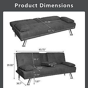 DKLGG Convertible Futon Sofa Bed, Upholstered Sofa Couch, Recliner Loveseat Folding Daybed with 2 Cup Holders and Removable Armrests Sleeper Sofa for Small Space, Home, Living Room, Dark Gray